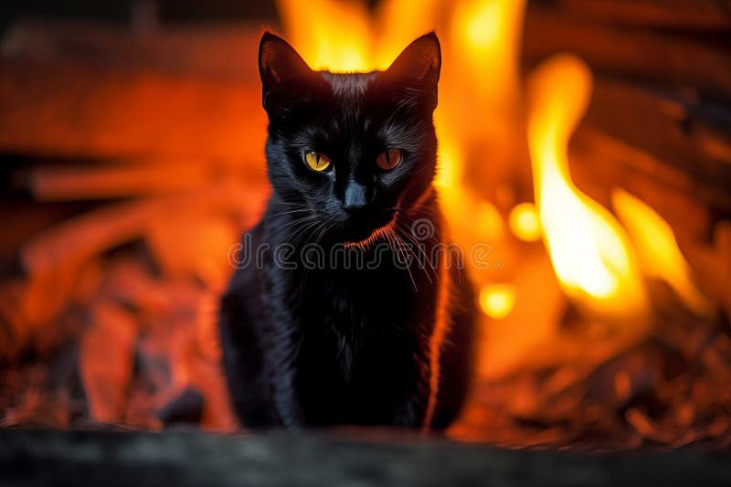 A Black Cat Sitting in Front of a Fire Stock Illustration ...