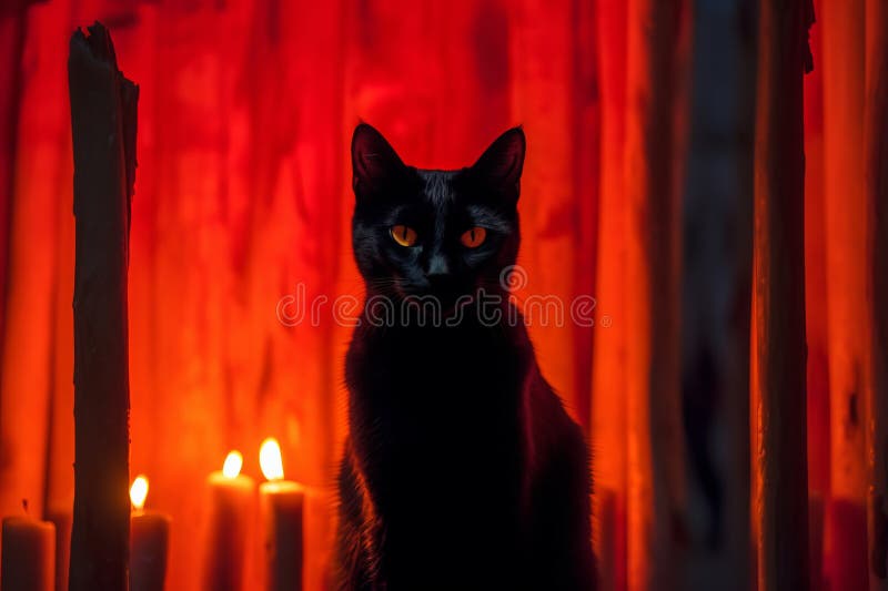 A Black Cat Sitting in Front of a Red Light Stock Illustration ...