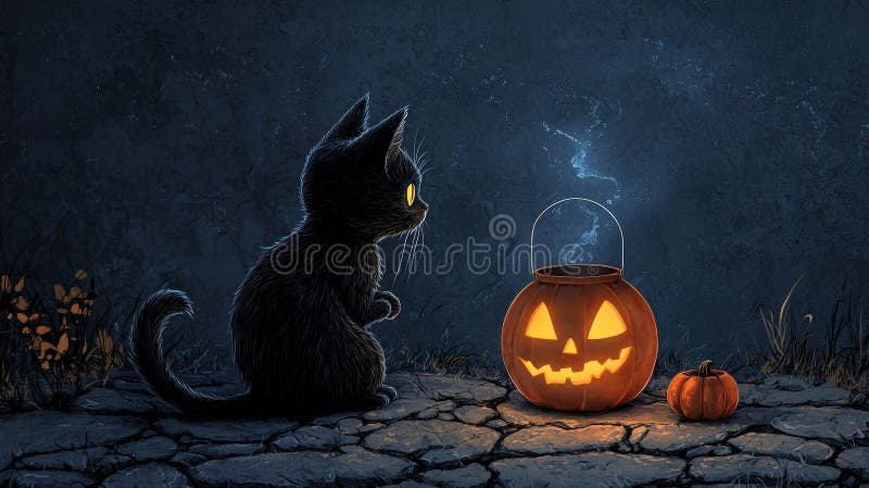 Black Cat Sitting beside a Glowing Pumpkin on a Dark Night Stock ...