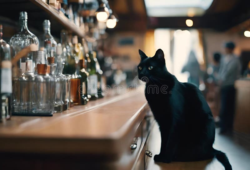 A Black Cat Sitting Near a Bar with Alcohol Bottles. Stock Illustration ...