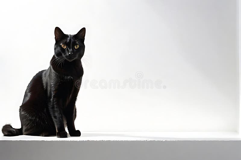 Black Cat Sitting: Paws Neatly Aligned Against a Stark White Background ...