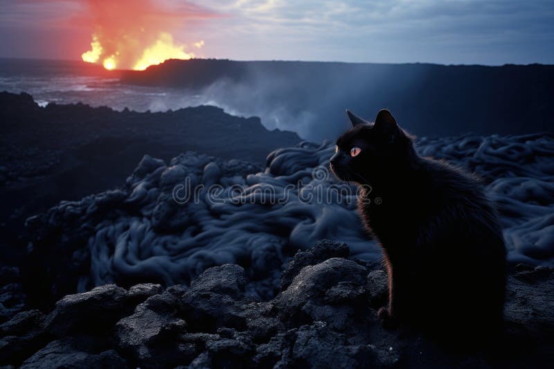 A Black Cat Sitting on the Rocks with Lava in Front of it, AI Stock ...