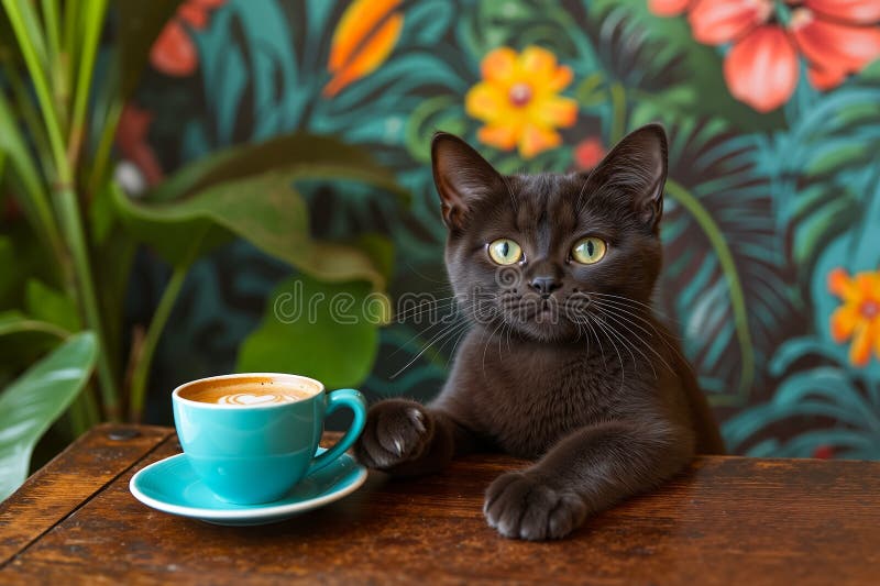 A Black Cat Sitting on a Table Next To a Cup of Coffee Stock Photo ...