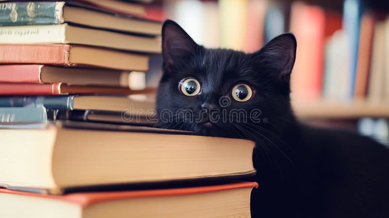 A Black Cat Sitting on Top of a Pile of Books Stock Image - Image of ...
