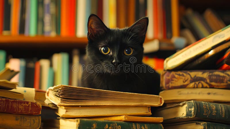 A Black Cat Sitting on Top of a Pile of Books Stock Photo - Image of ...