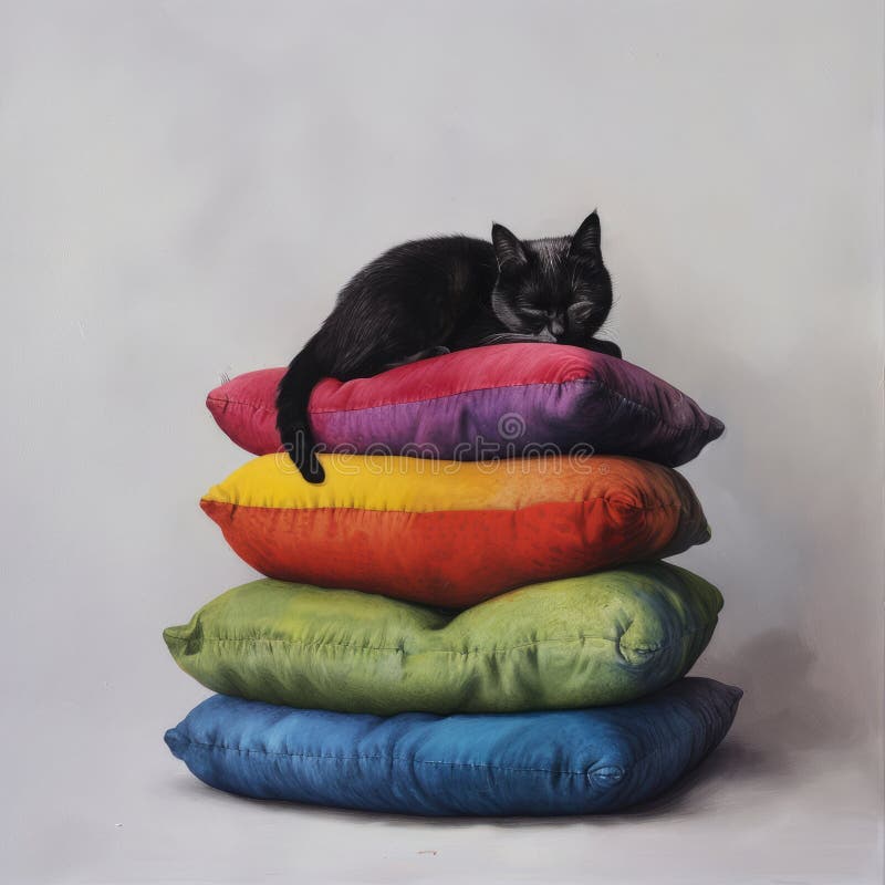 A Black Cat is Sitting on Top of a Stack of Colorful Pillows Stock ...