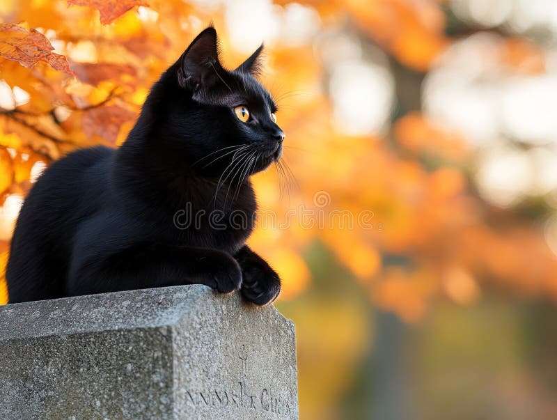 A Black Cat Sitting on Top of a Stone Pillar Stock Image - Image of stone, concrete: 357038273