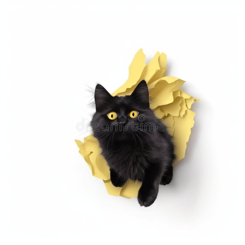 A Black Cat Sitting on Top of a Yellow Piece of Paper Stock ...