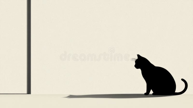 A Black Cat Sitting on a White Wall with the Shadow of Another Animal ...