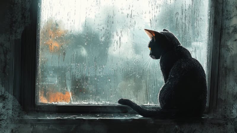 Black Cat Sitting by Window with Rain Streaks on Glass Stock ...