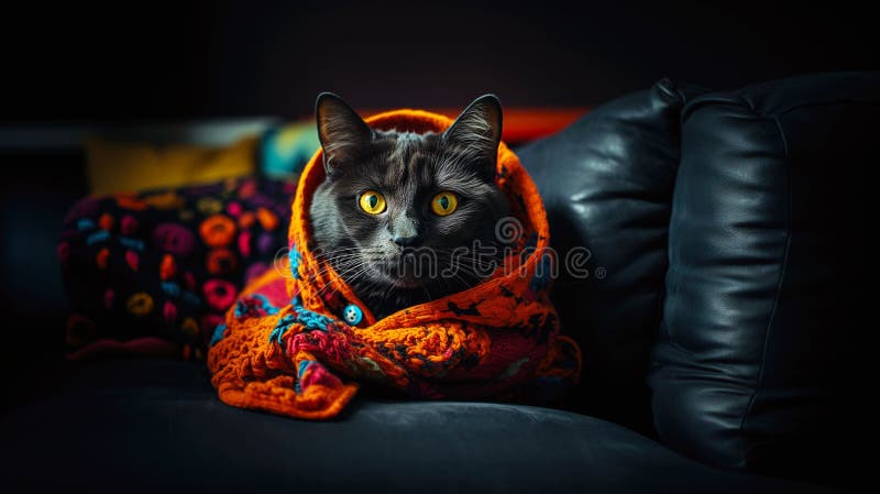 Black Cat Snuggled into an Orange Scarf Draped Over a Black Couch, AI ...