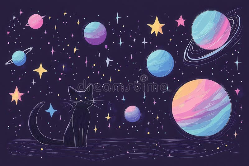 Black Cat in Space among Planets and Stars Cute Cosmic Scene Stock ...