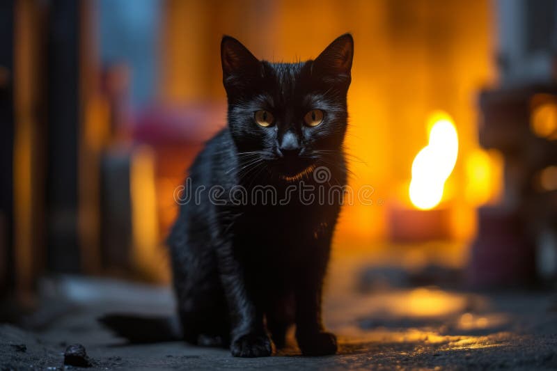A Black Cat is Standing in Front of a Fire Stock Illustration ...