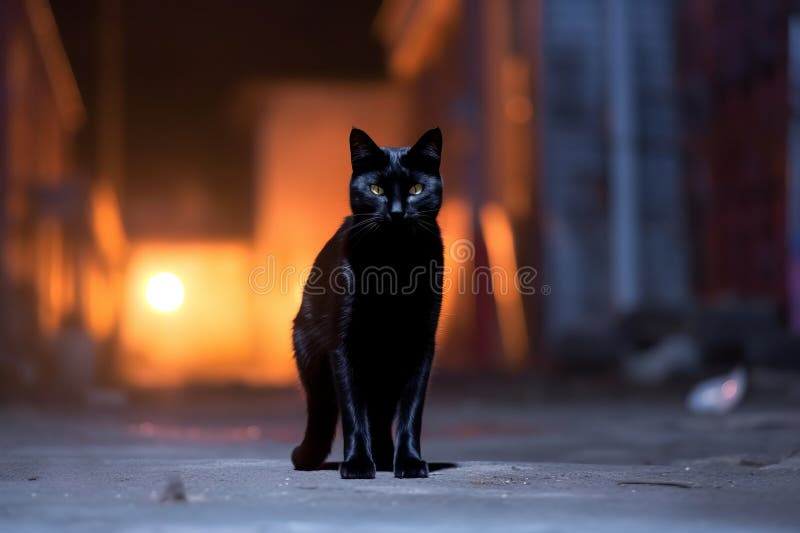 A Black Cat is Standing on the Street at Night Stock Illustration ...