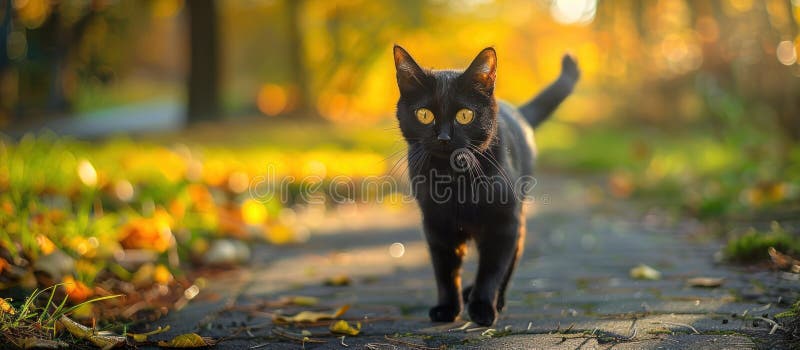 Black Cat Strolling Down Park Path Stock Image - Image of environment ...