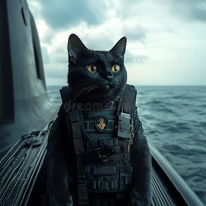 A Black Cat in Tactical Gear Stands on a Submarine Deck Stock ...