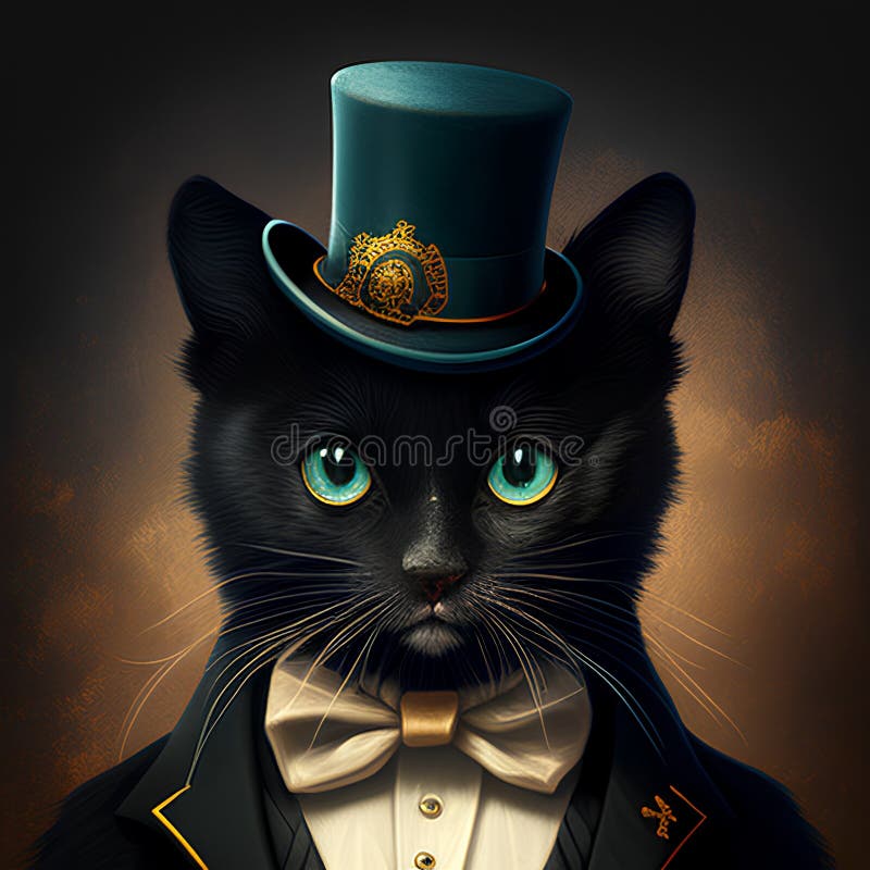 Black Cat in a Top Hat and Bow Tie with Green Eyes. Stock Illustration ...