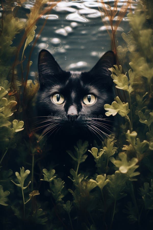 Black Cat Swimming Underwater with Foliage Stock Illustration ...
