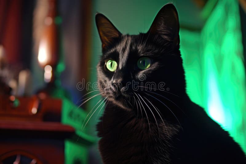 Black Cat with Vibrant Green Eyes in Shadowy Room Stock Image - Image ...