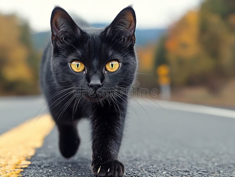 A Black Cat Walking Across a Road with Yellow Eyes Stock Photo - Image ...