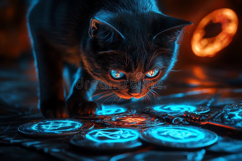 A Black Cat Walking Across a Table Covered in Glowing Runes and Spell ...