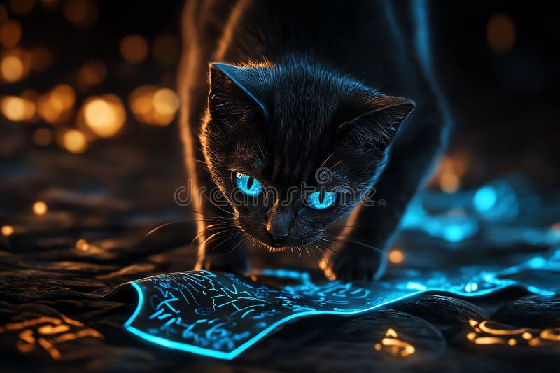 A Black Cat Walking Across a Table Covered in Glowing Runes and Spell ...