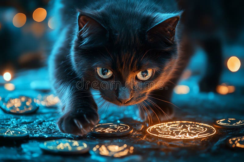 A Black Cat Walking Across a Table Covered in Glowing Runes and Spell ...