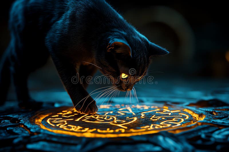 A Black Cat Walking Across a Table Covered in Glowing Runes and Spell ...