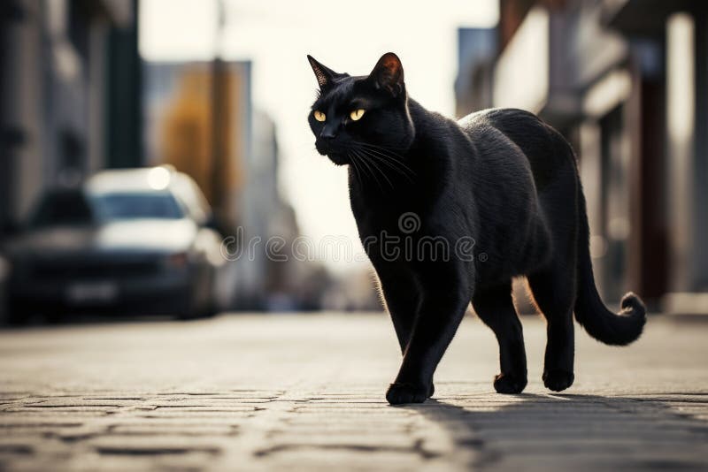 A Black Cat Walking Down a City Street. Generative AI Image. Stock ...