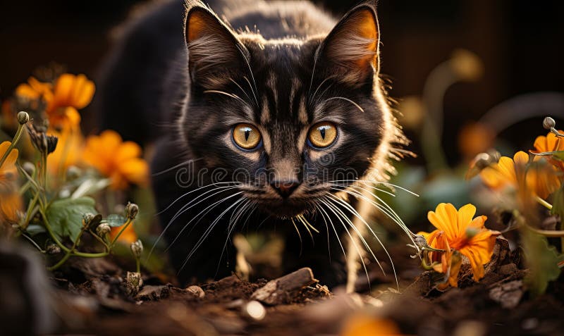 Black Cat Walking through Field of Yellow Flowers Stock Photo - Image ...