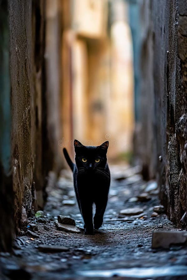 A Black Cat Walking through a Narrow Alleyway Stock Illustration ...