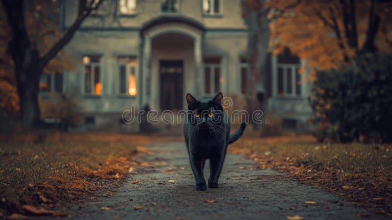 Black Cat Walking on Path Towards Old House Stock Illustration ...