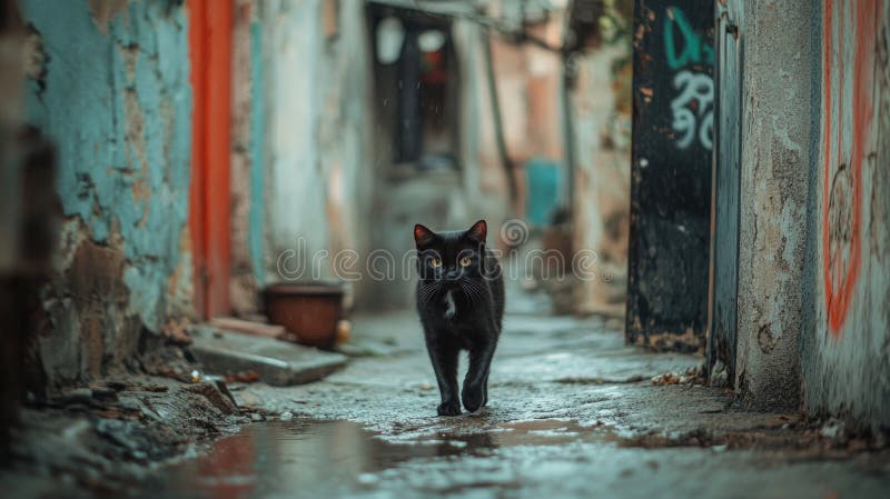 A Black Cat Walks Down a Wet Street at Night Stock Photo - Image of ...