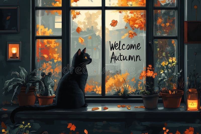 Black Cat Watching Autumn Leaves through Window Illustration Stock ...