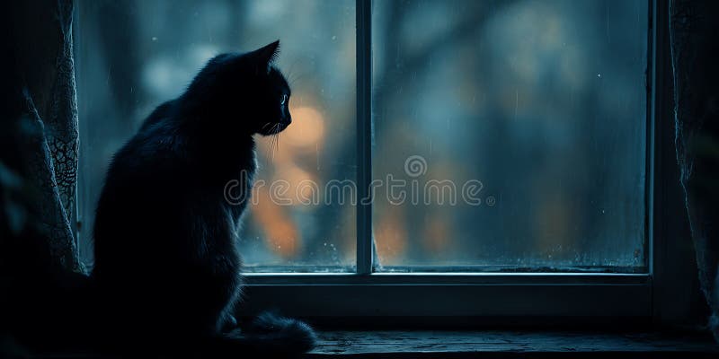 Black Cat Watching Rain a Moody Window Scene Stock Illustration ...