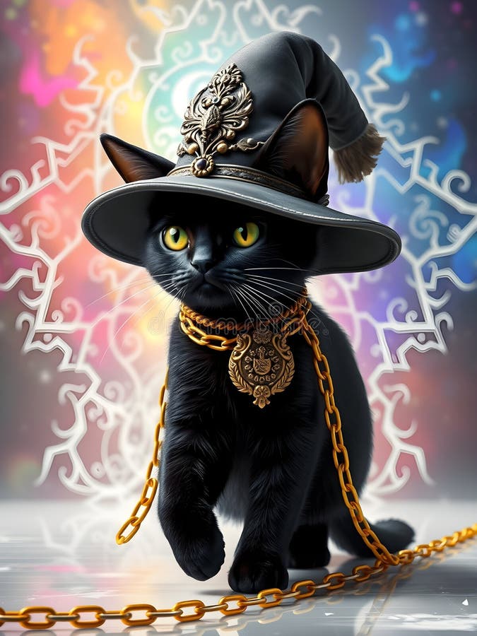 A Black Cat Wearing a Black Hat and a Gold Chain Around Its Neck Stock ...