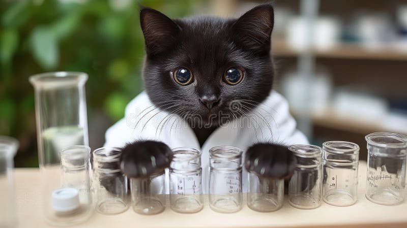 A Black Cat Wearing a Lab Coat is Sitting on a Table with Several Glass Jars Stock Photo - Image ...