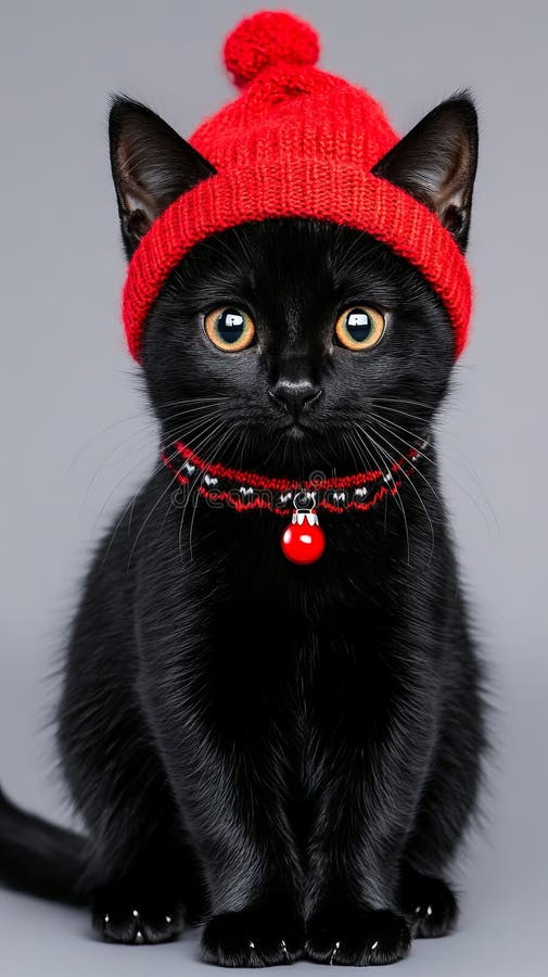 A Black Cat Wearing a Red Knitted Hat and a Red Collar Stock Image ...