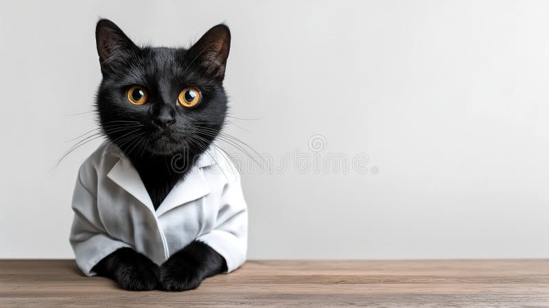 A Black Cat Wearing a White Coat Sitting Behind a Table Stock ...