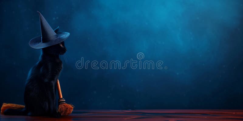 Black Cat Wearing a Witch Hat and Sitting on a Broom Stock Photo ...