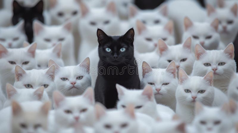 Black Cat among White Cats in Crowd Stock Photo - Image of expression ...