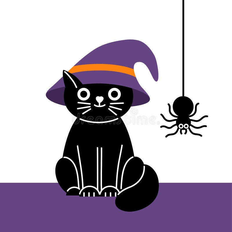 Black cat in witch hat stock vector. Illustration of flat - 255784205