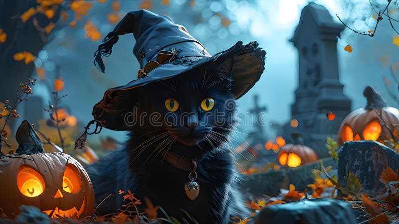 Black Cat with Witch Hat, in Spooky Graveyard with Jack-o-lanterns ...