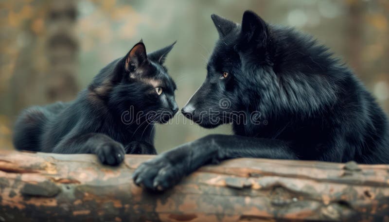 Black Cat and Wolf Face Off in a Dramatic Forest Standoff, an ...