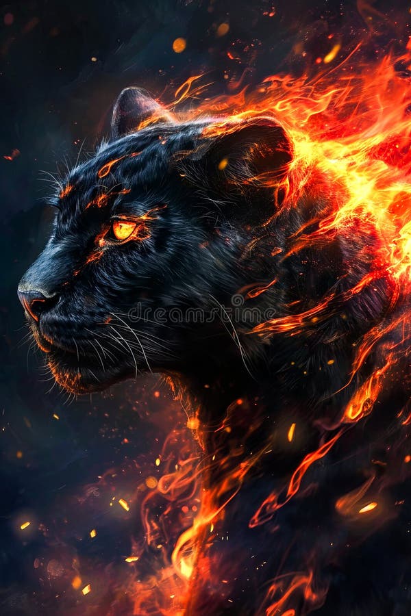 Black Cat with Yellow Eyes Sits in Front of Fire. Generative AI Stock ...