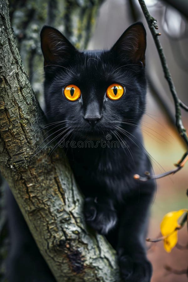 Black Cat with Yellow Eyes Sits in Tree. Generative AI Stock Image ...