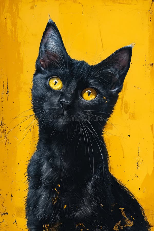 A Black Cat with Yellow Eyes Sitting on a Yellow Background. Generative ...