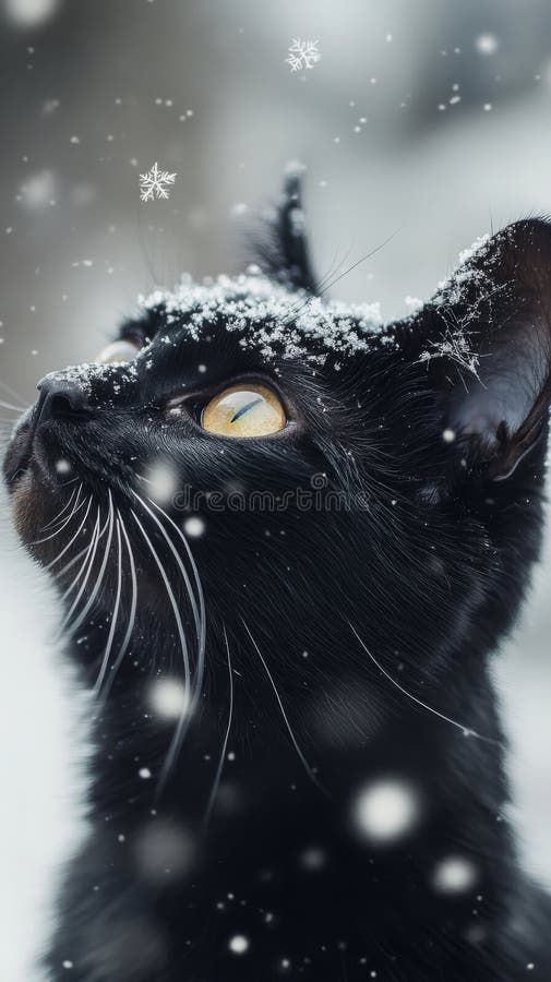 Black Cat with Yellow Eyes in the Snow Stock Photo - Image of ...