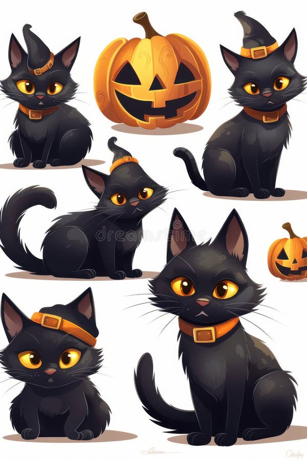 Black Cats Cartoon Set. Halloween Illustration. Stock Illustration ...