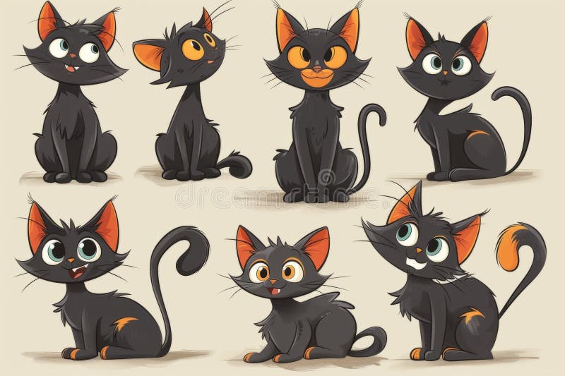 Black Cats Set in Different Poses Stock Illustration - Illustration of ...
